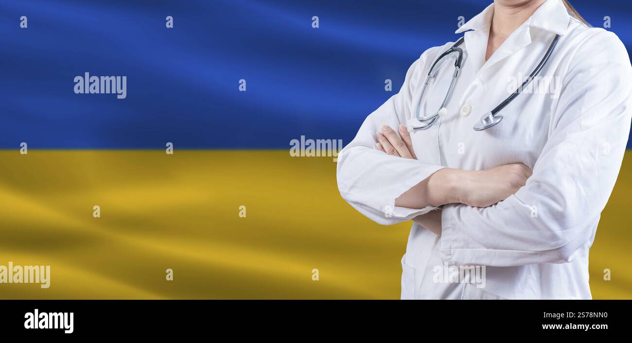 Doctor with crossed arms on Ukraine flag. Ukraine Health and Care ...