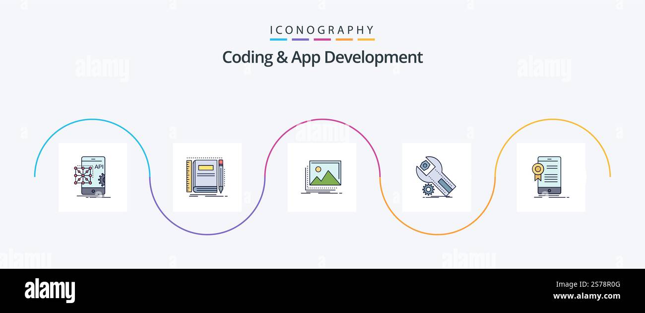 Coding And App Development Line Filled Flat 5 Icon Pack Including installation. settings. pocket ...