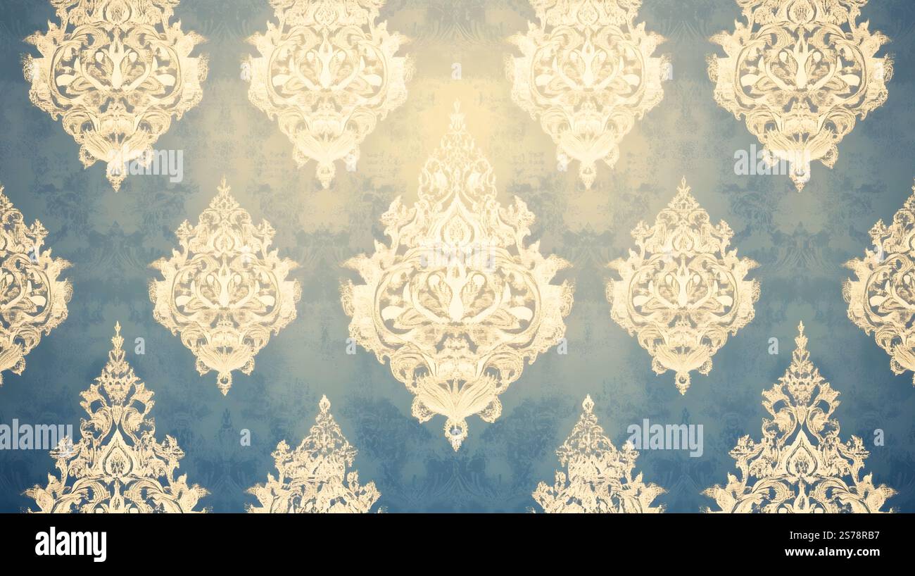 Ethereal Ornamental Thai Cloud Motifs in Soft Gray on a Serene Sky Blue ...