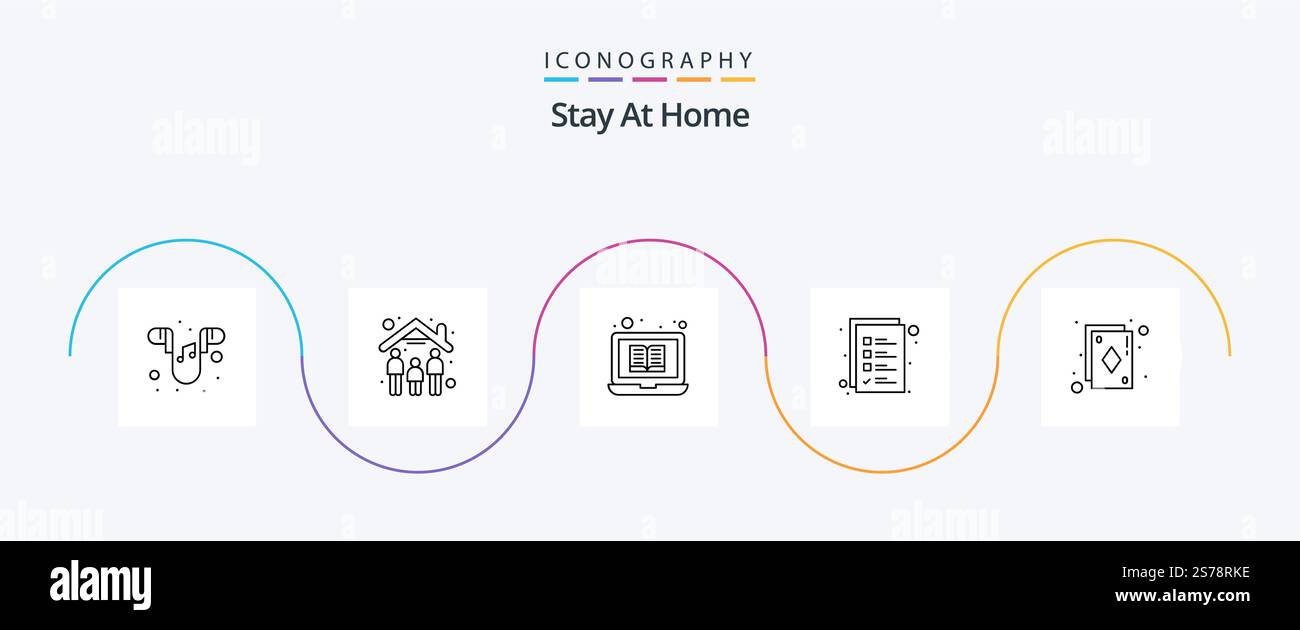 Stay At Home Line 5 Icon Pack Including game. cards. laptop. ace. work ...
