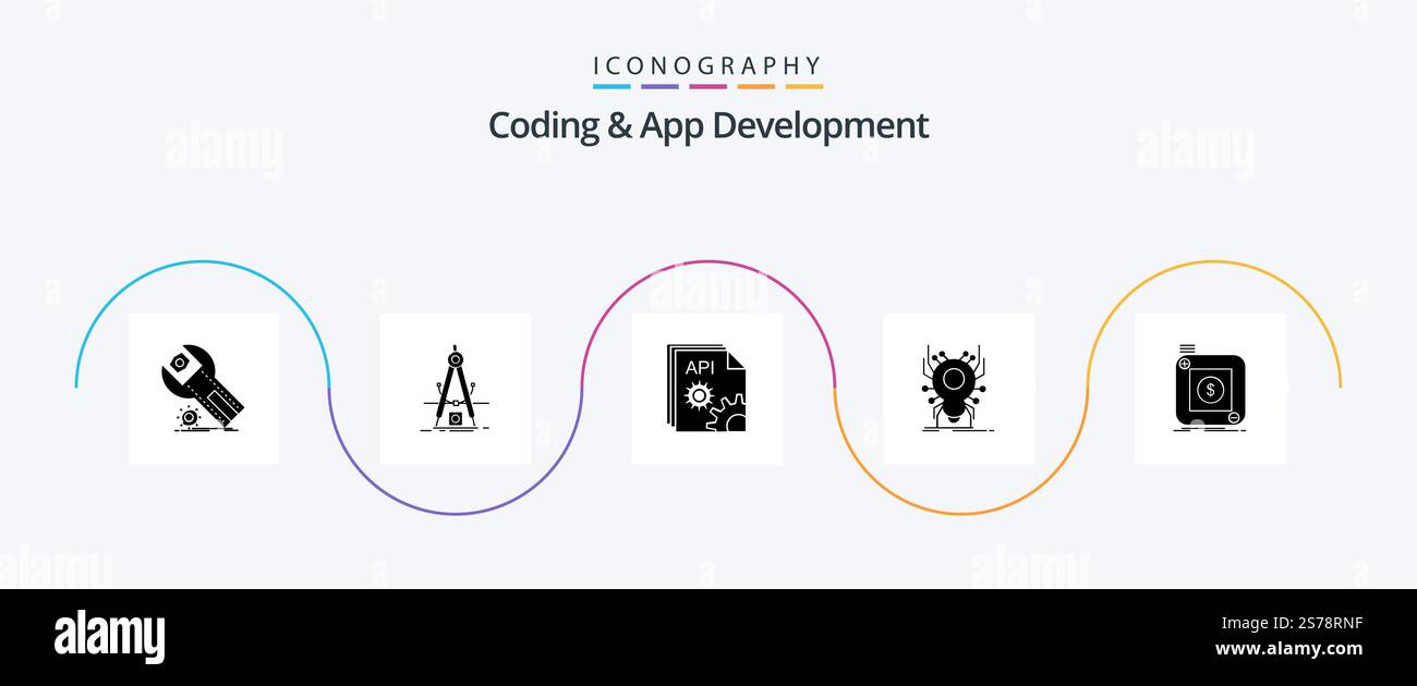 Coding And App Development Glyph 5 Icon Pack Including spider. bug. refinement. software. coding ...