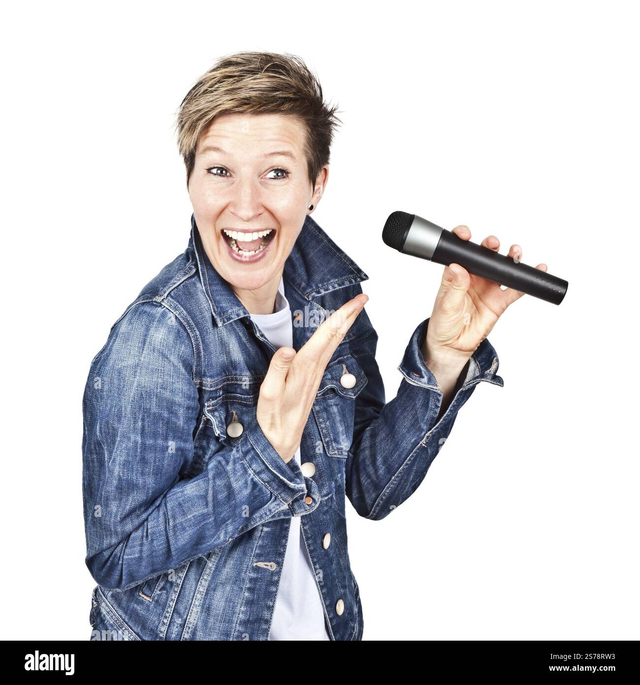 An image of a beautiful smiling women with a microphone Stock Photo - Alamy