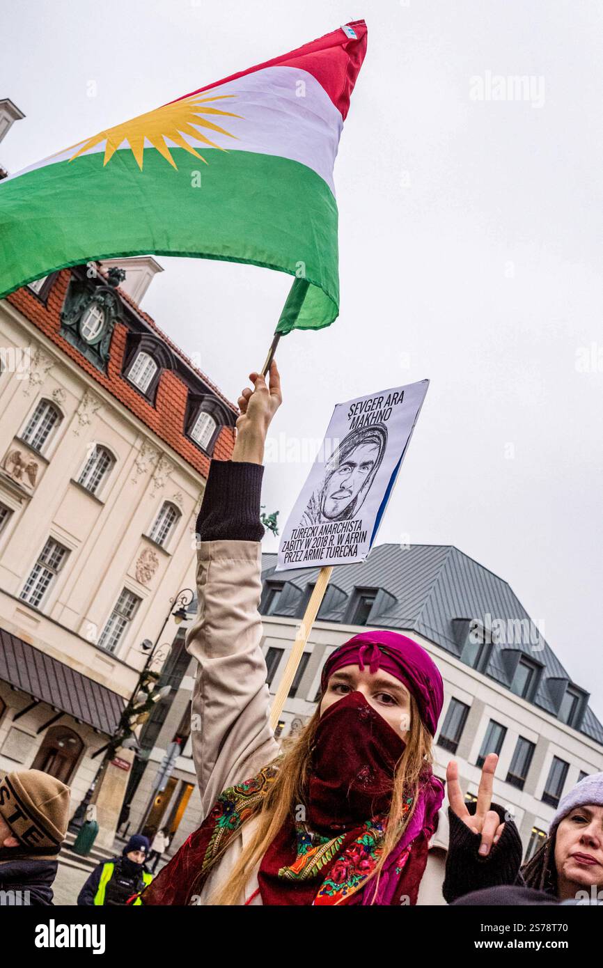 Warsaw, Poland. 18th Jan 2025. Protestors hold placards, and flags. In ...
