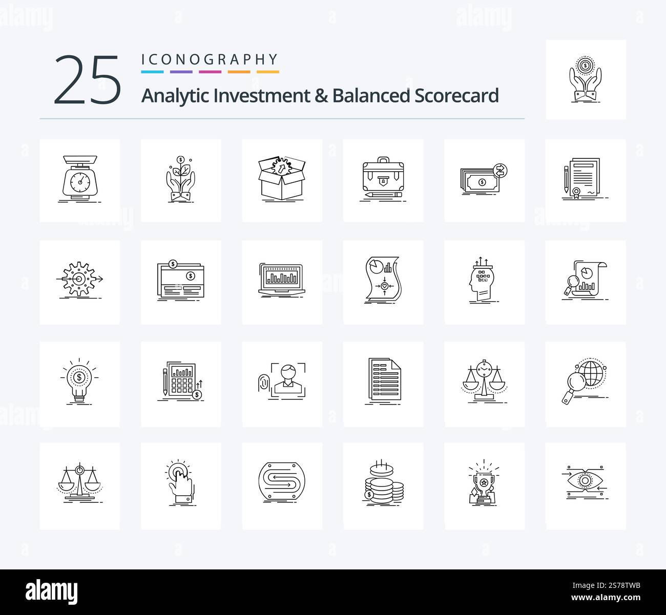 Analytic Investment And Balanced Scorecard 25 Line icon pack including financial. briefcase ...