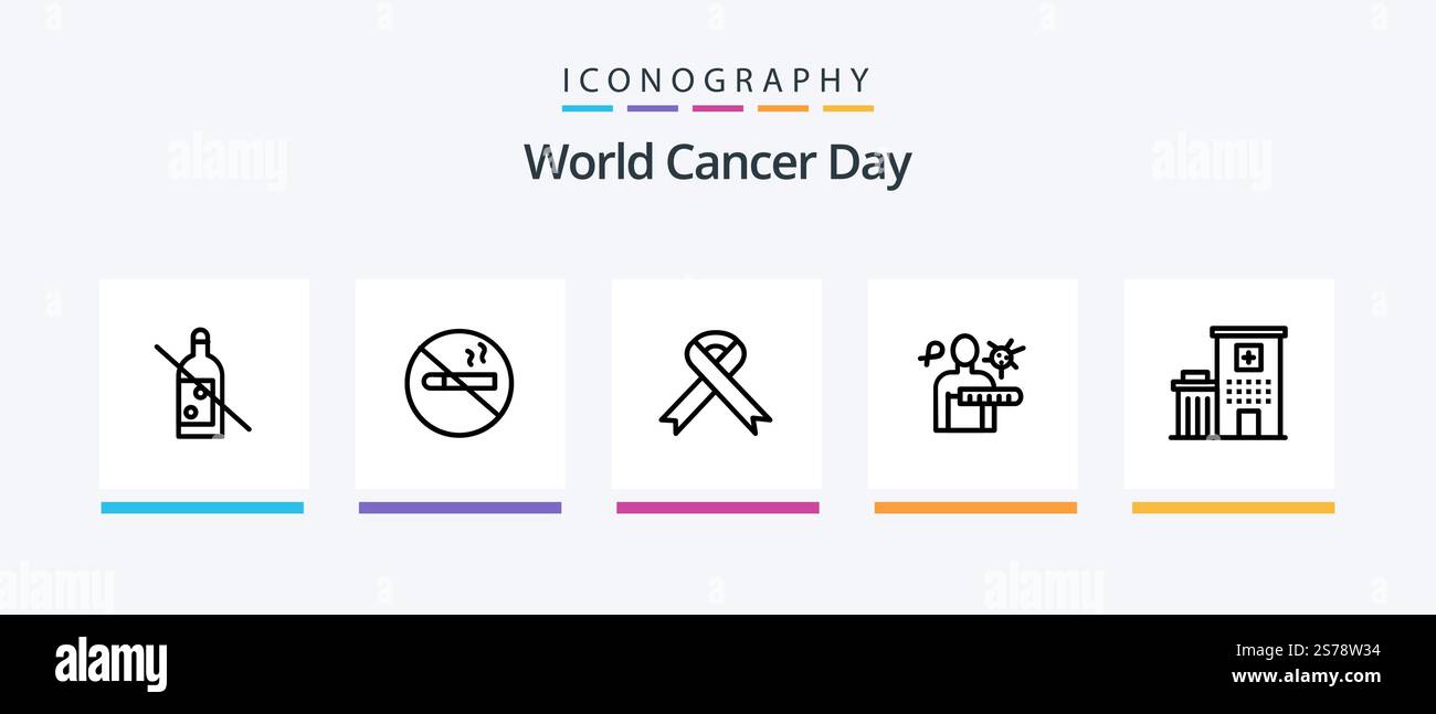 World Cancer Day Line 5 Icon Pack Including world. ribbon. building ...
