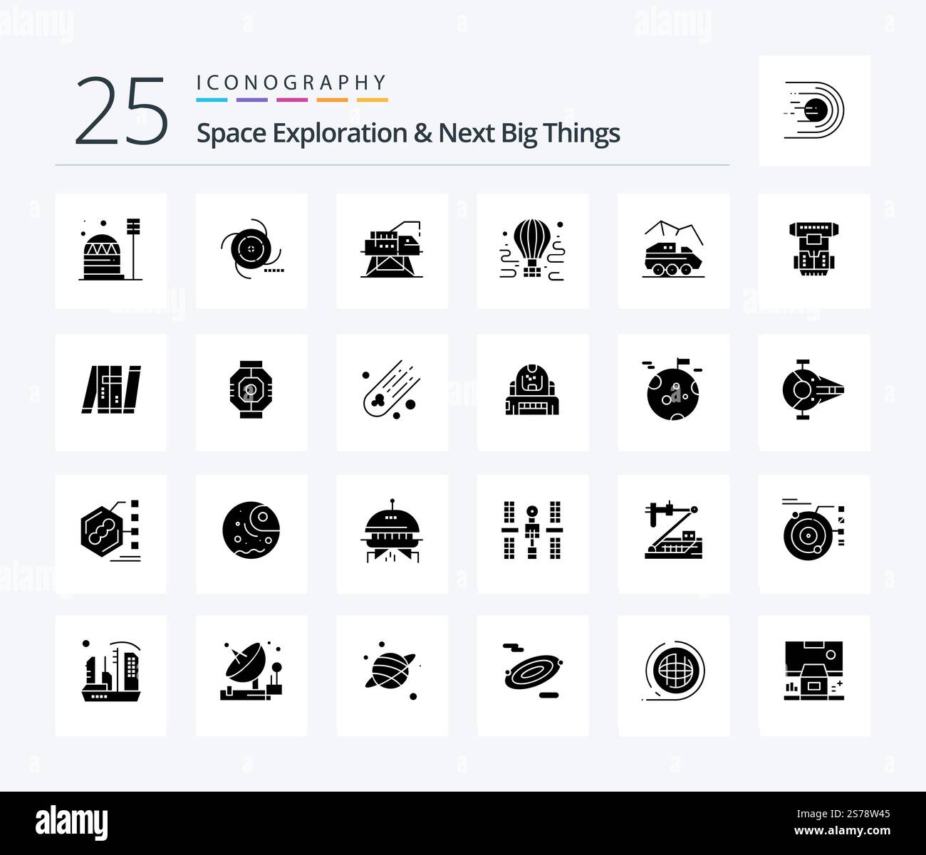 Space Exploration And Next Big Things 25 Solid Glyph icon pack including travel. airdrop. galaxy ...