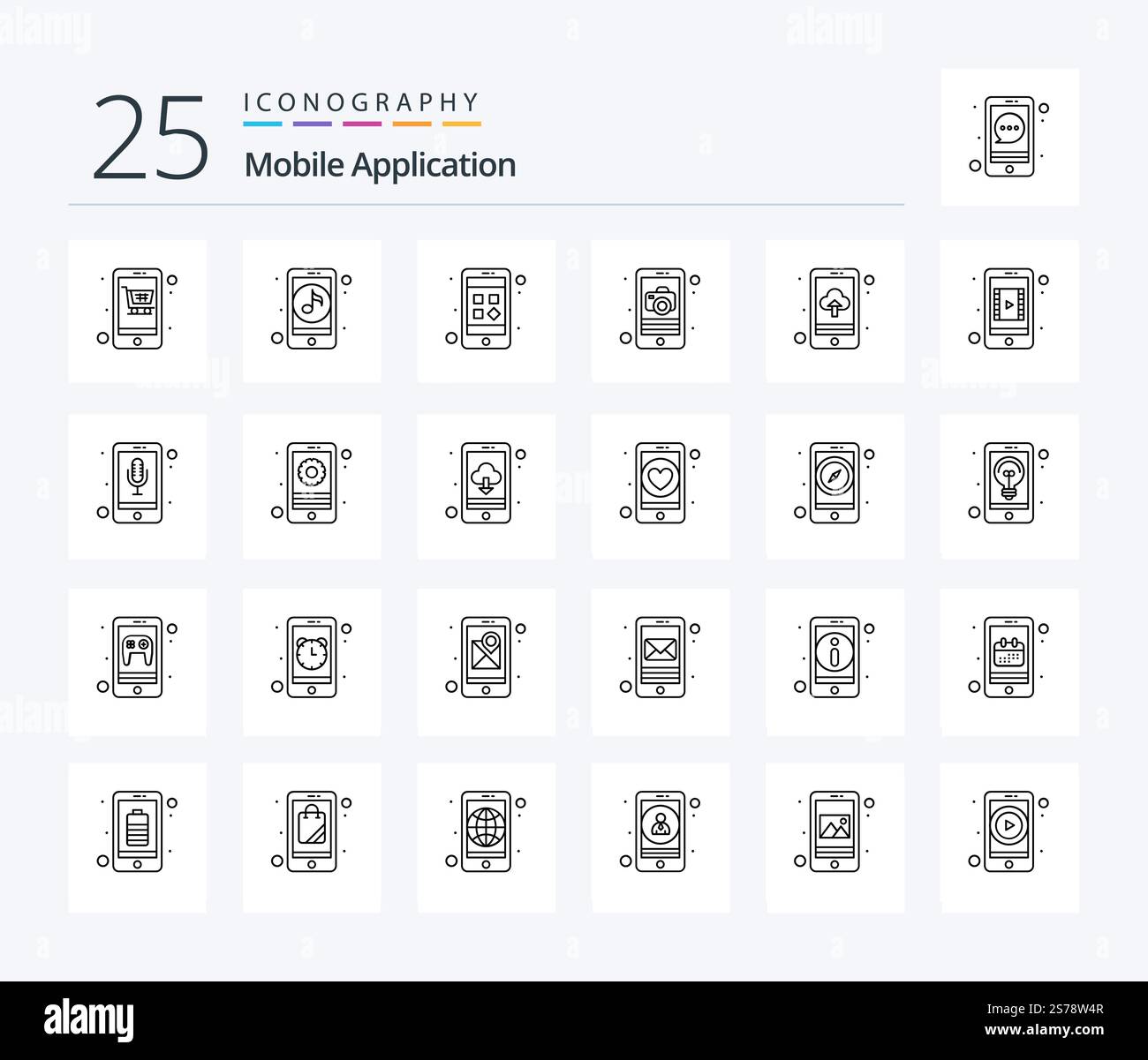 Mobile Application 25 Line icon pack including app upload. app. app. mobile. application Stock ...