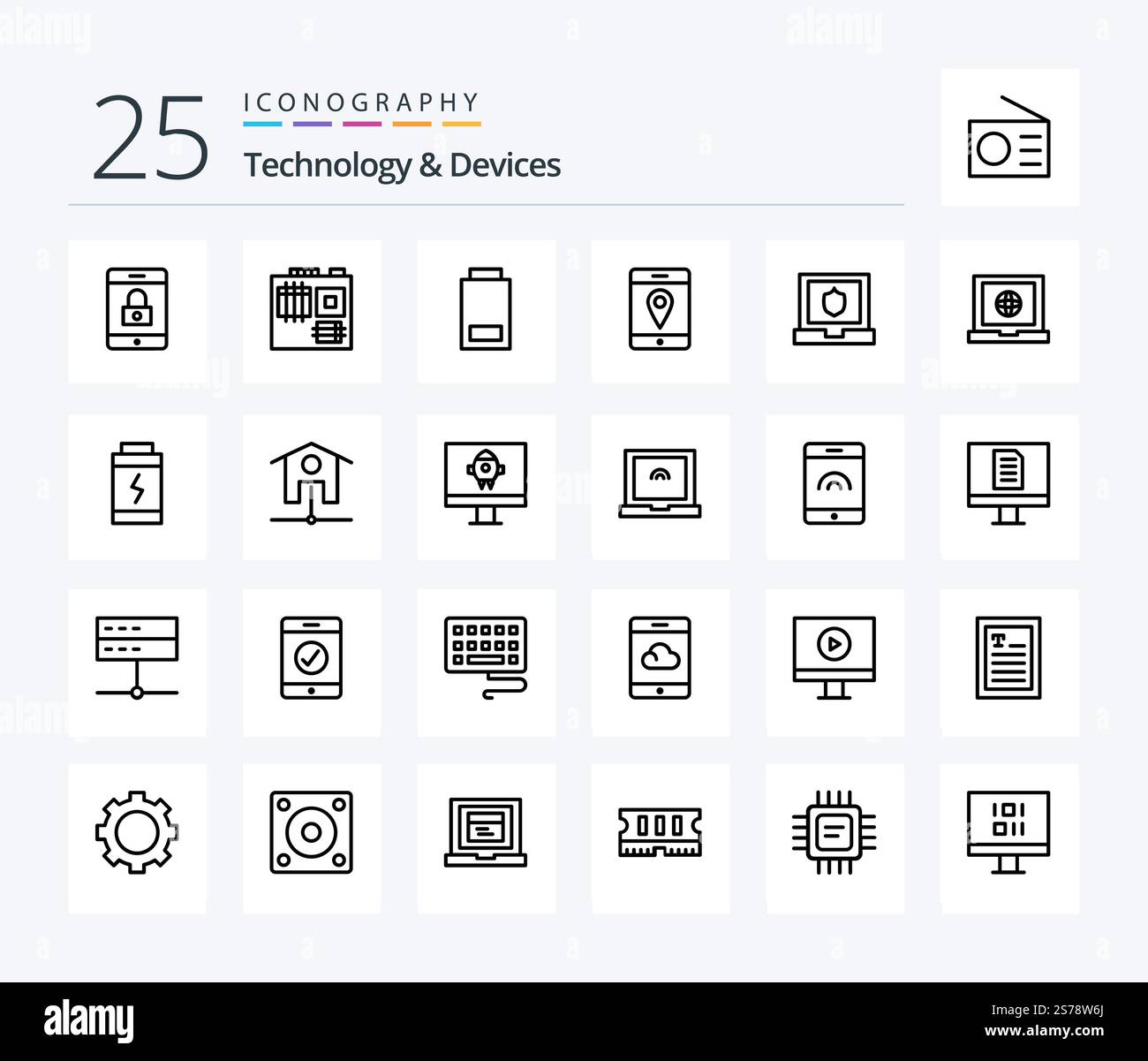 Devices 25 Line icon pack including laptop. shield. low. security ...
