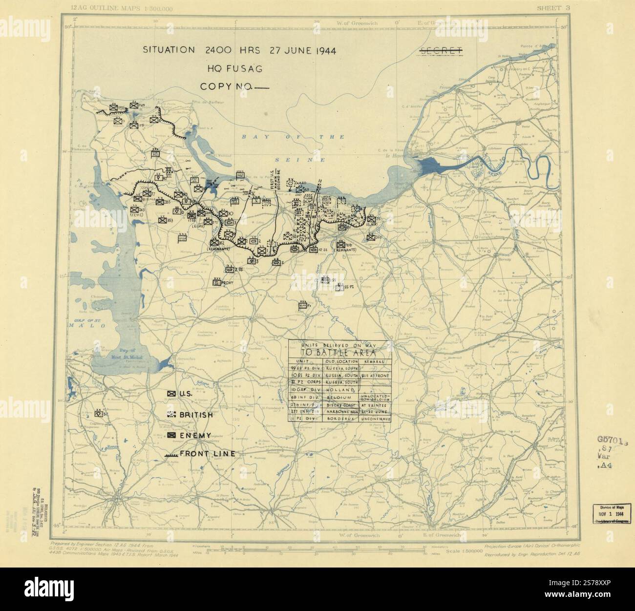 [June 27, 1944], HQ Twelfth Army Group situation map. 1944 by Allied ...