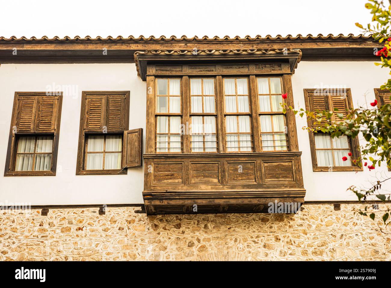 Historic ottoman architecture with wooden windows on stone wall Stock ...