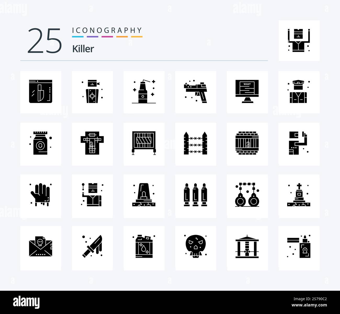 Killer 25 Solid Glyph icon pack including poster. weapons. bomb. pistol ...