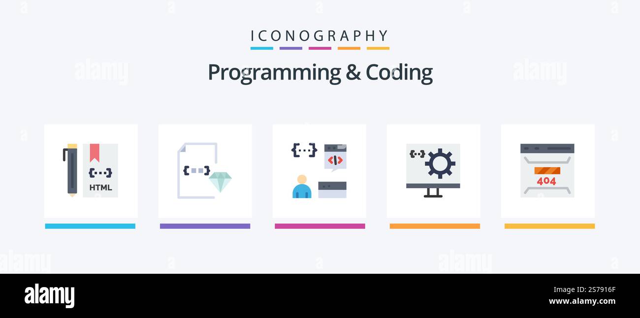 Programming And Coding Flat 5 Icon Pack Including develop. coding. document. programmer. develop ...