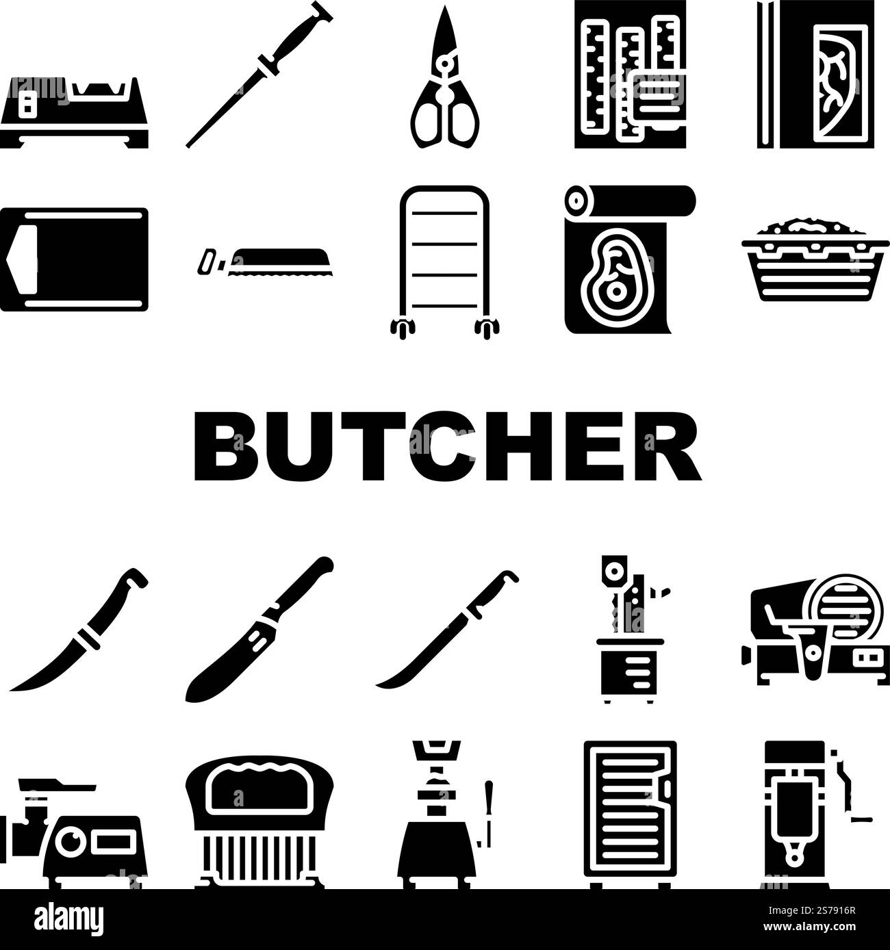 butcher meat food beef butchery icons set vector. restaurant vintage ...