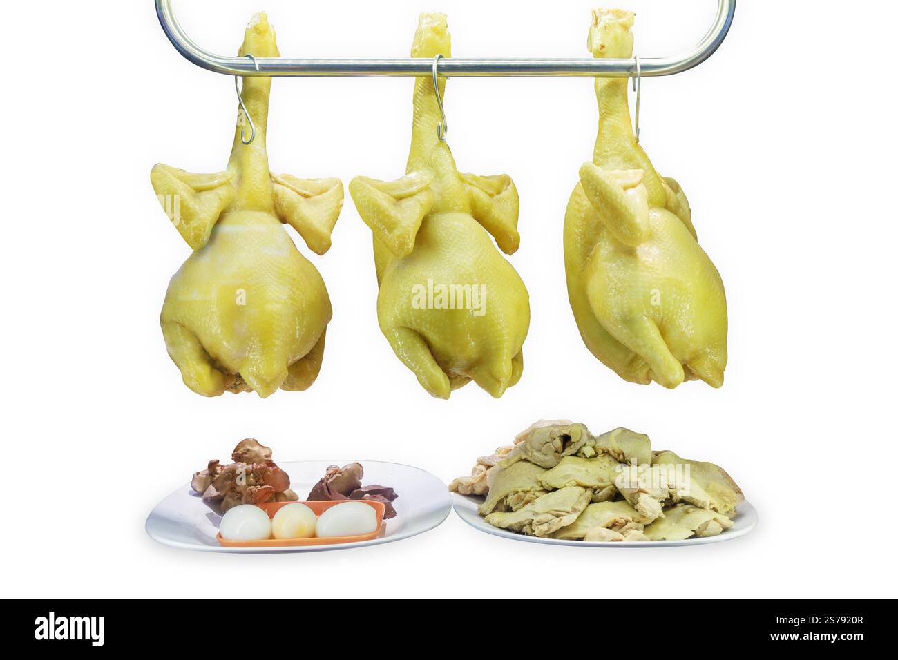 Die cut of Chicken rice, hanging chicken on white isolated Stock Photo ...