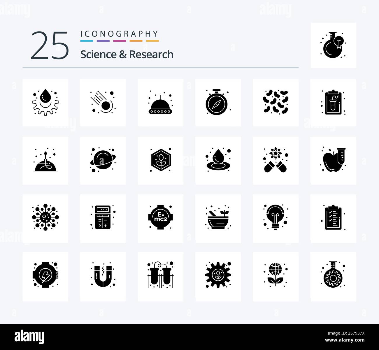 Science 25 Solid Glyph icon pack including clipboard. diseases. space. bacteria. watch Stock ...