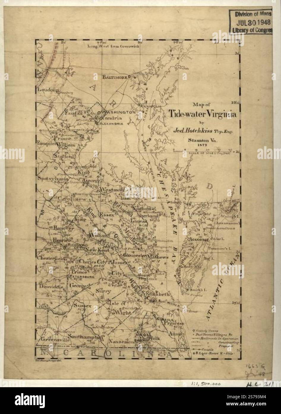 Map of Tide-water Virginia 1873 by Hotchkiss Jedediah Stock Photo - Alamy
