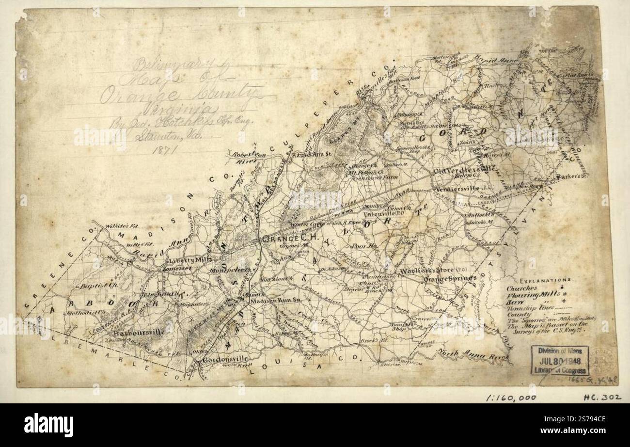 Preliminary map of Orange County, Virginia 1871 by Hotchkiss Jedediah ...