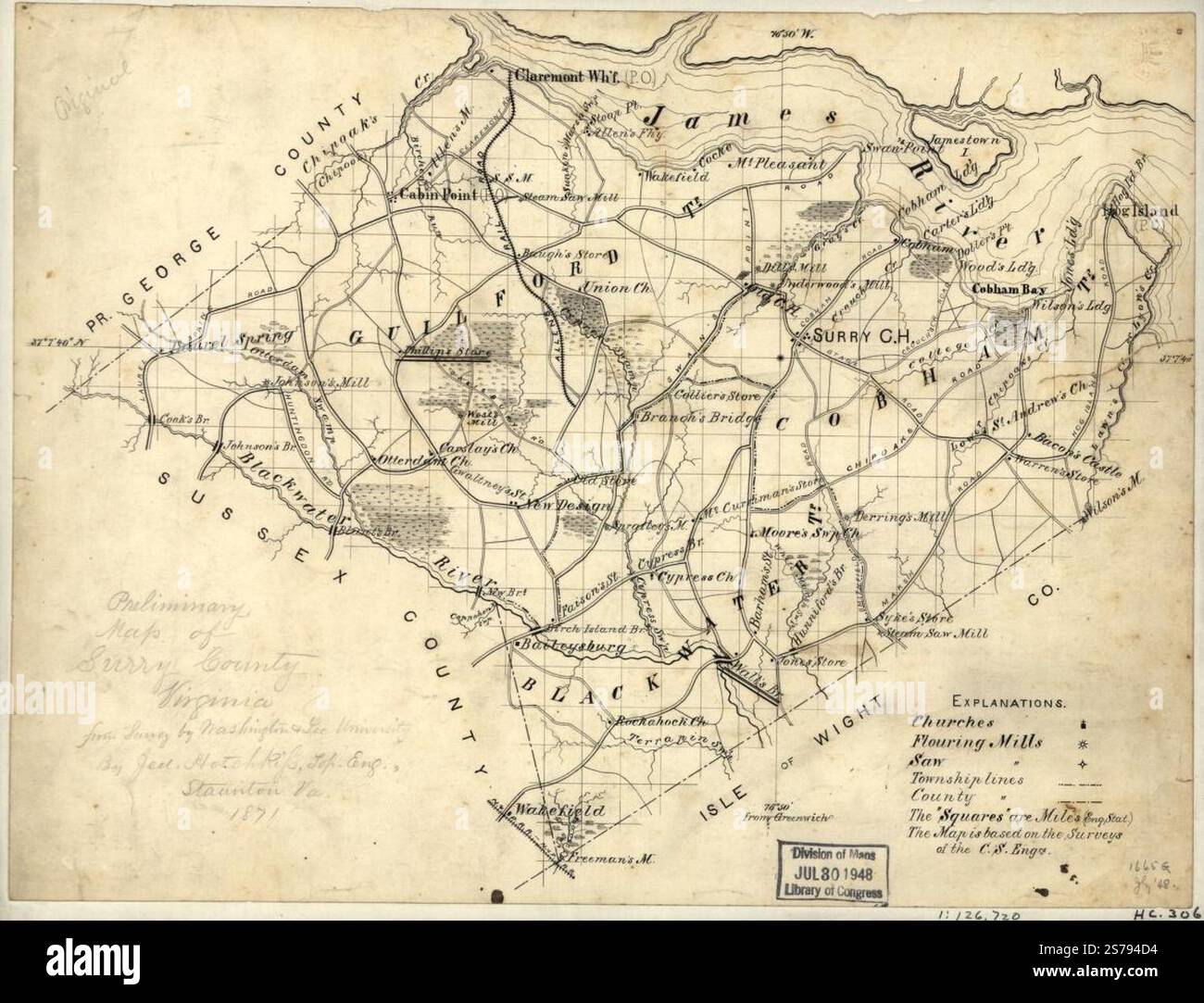 Preliminary map of Surry County, Virginia 1871 by Hotchkiss Jedediah ...