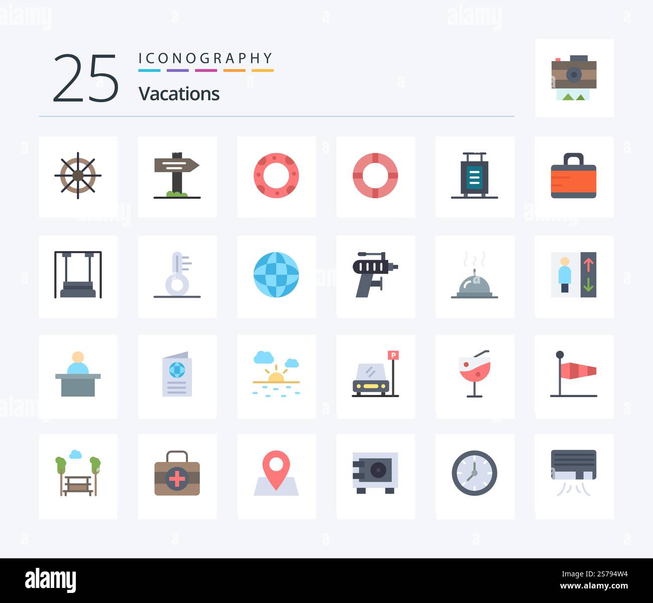 Vacations 25 Flat Color icon pack including kindergarten. children. life. childhood. suitcase ...