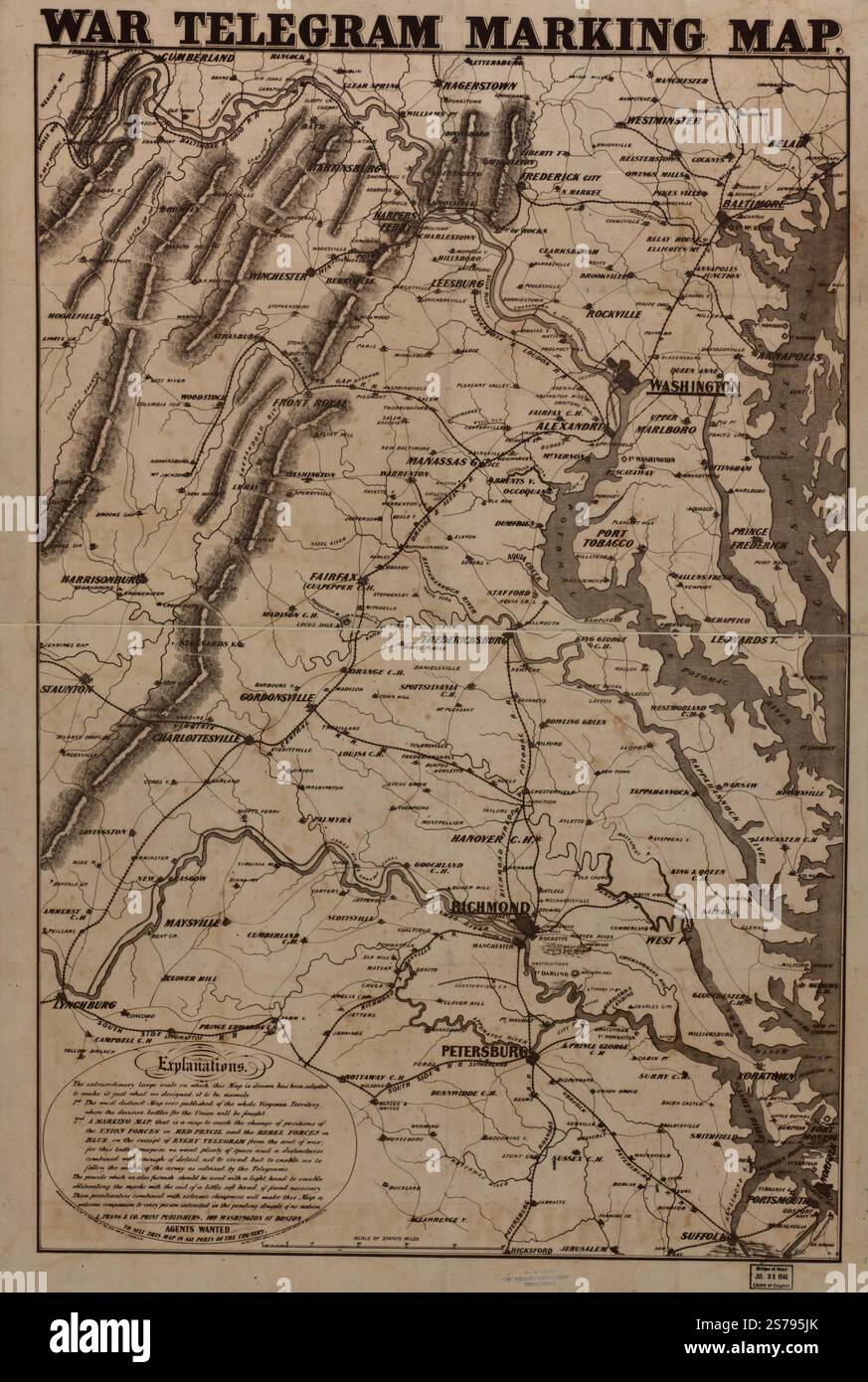 War telegram marking map. 1862 by Louis Prang and Company Stock Photo ...