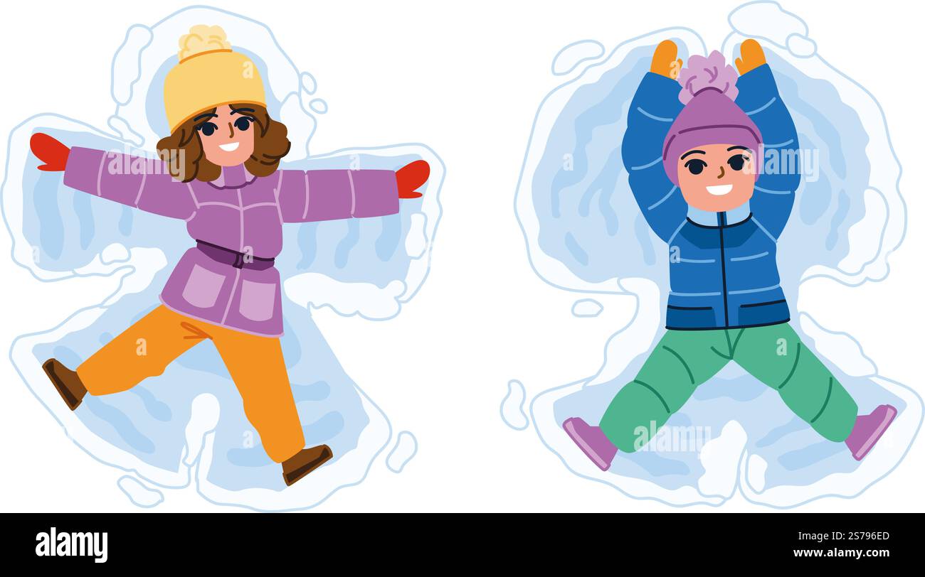 kid snow angel vector. child fun, winter cold, happy white, childhood ...