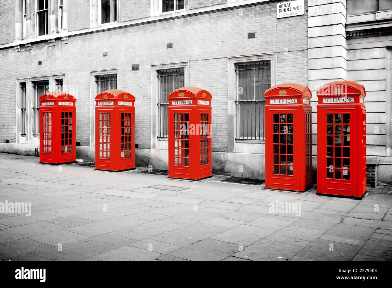 The five red phone boxes in London Stock Photo - Alamy