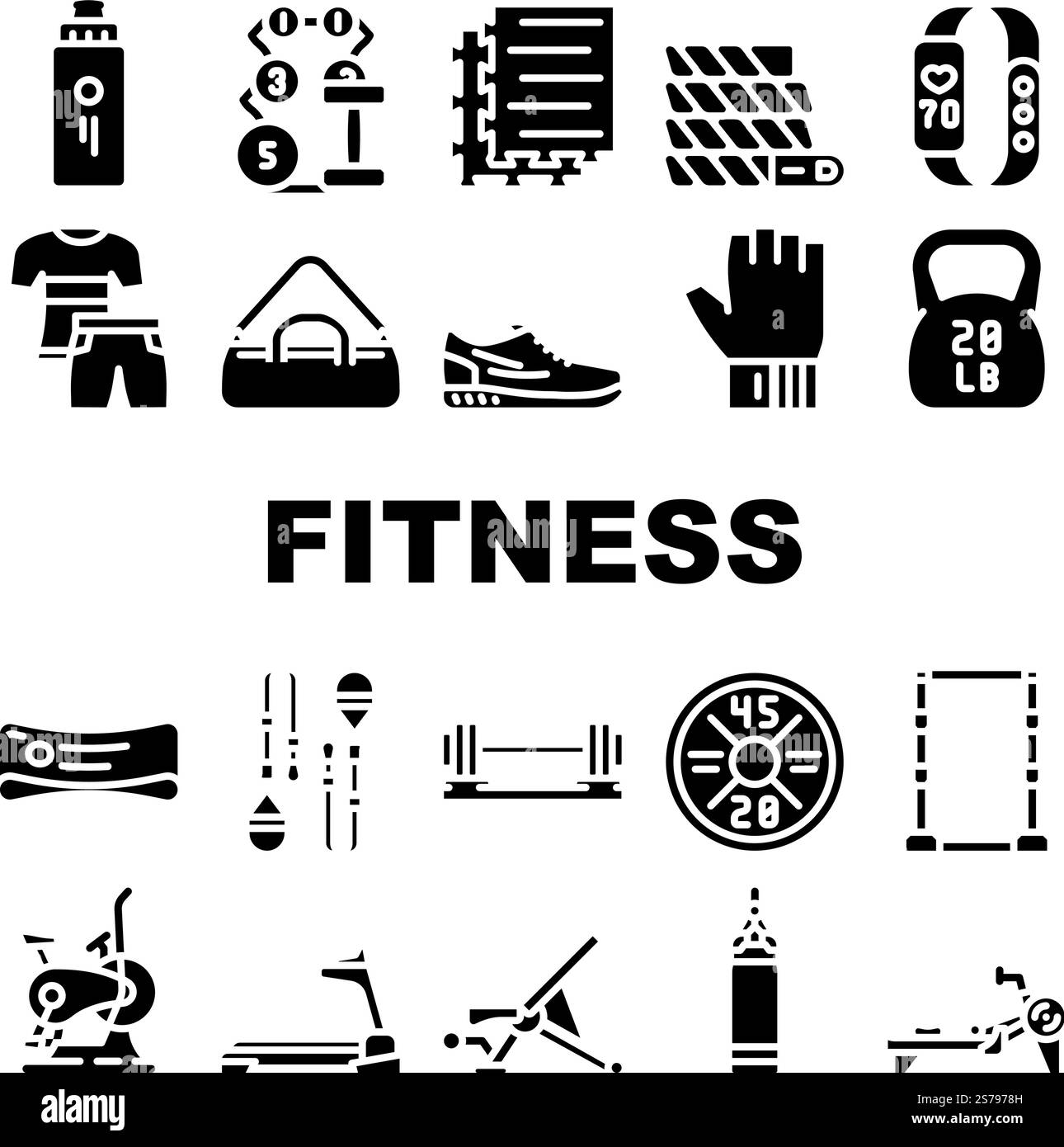 fitness gym exercise icons set vector. diet sport, weight health, healthy muscle, food nutrition ...