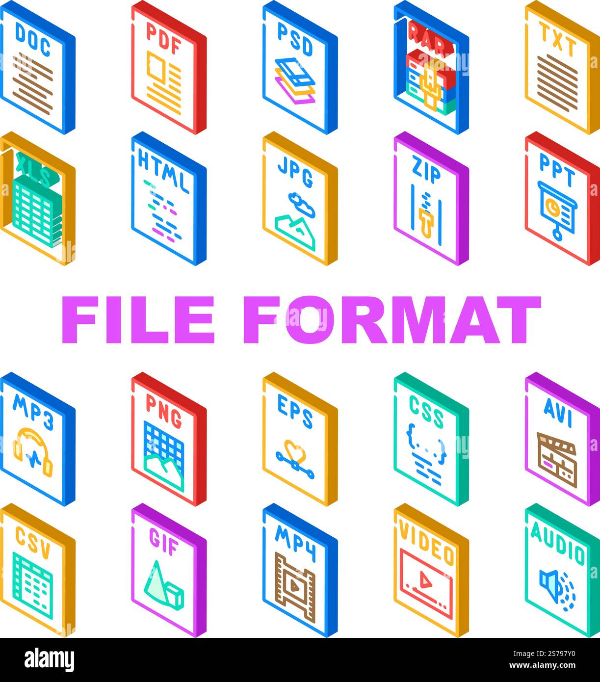 file format document icons set vector. presentation web, pdf label, png video, type jpg ...