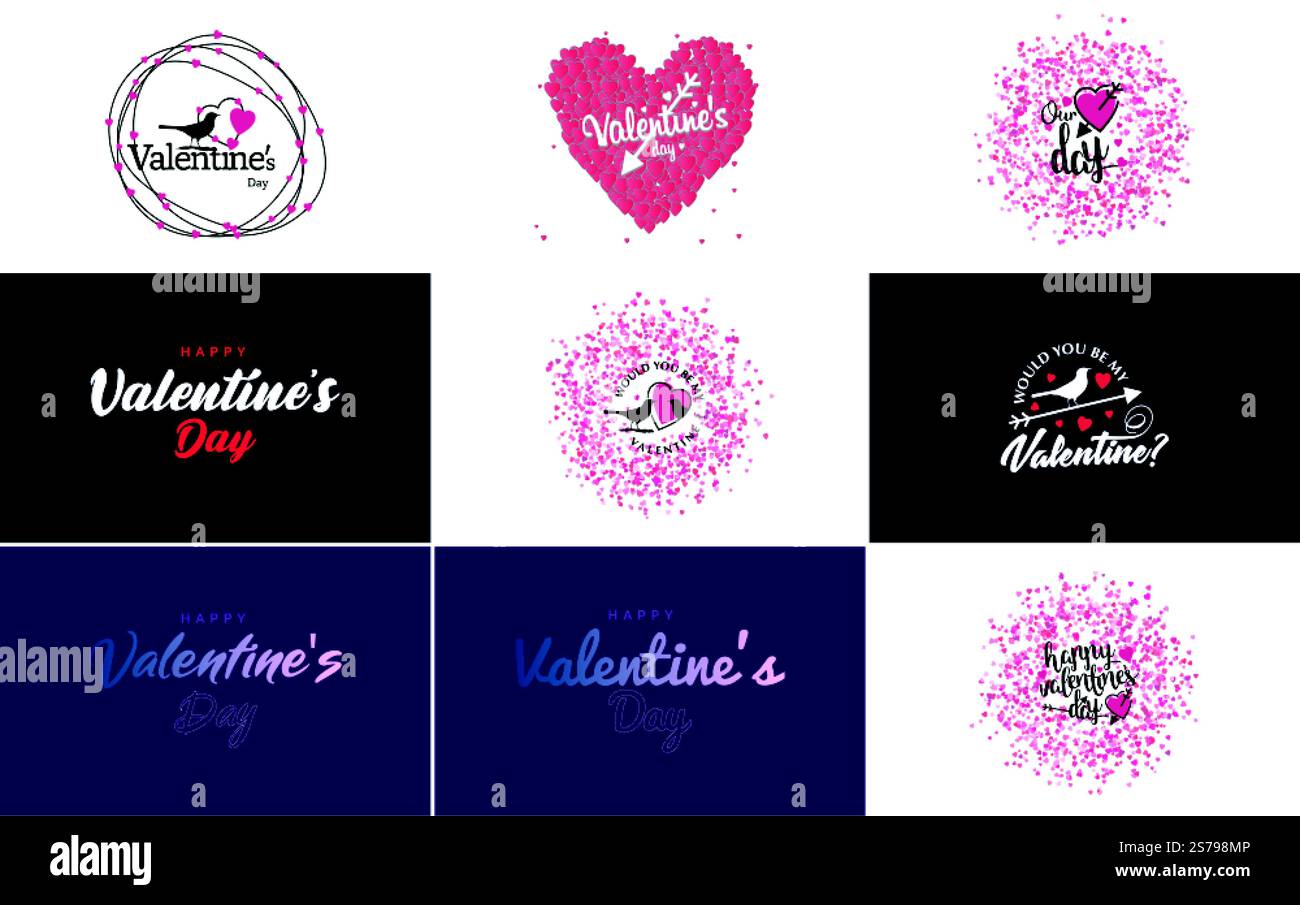 Hand-drawn black lettering Valentine’s Day and pink hearts on white ...