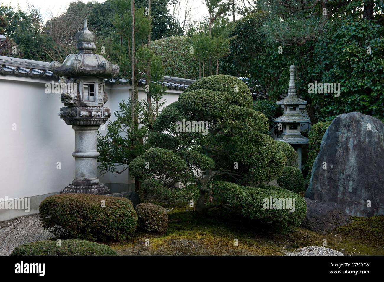 Japanese aesthetic realized at landscape Zen garden with stone lantern ...