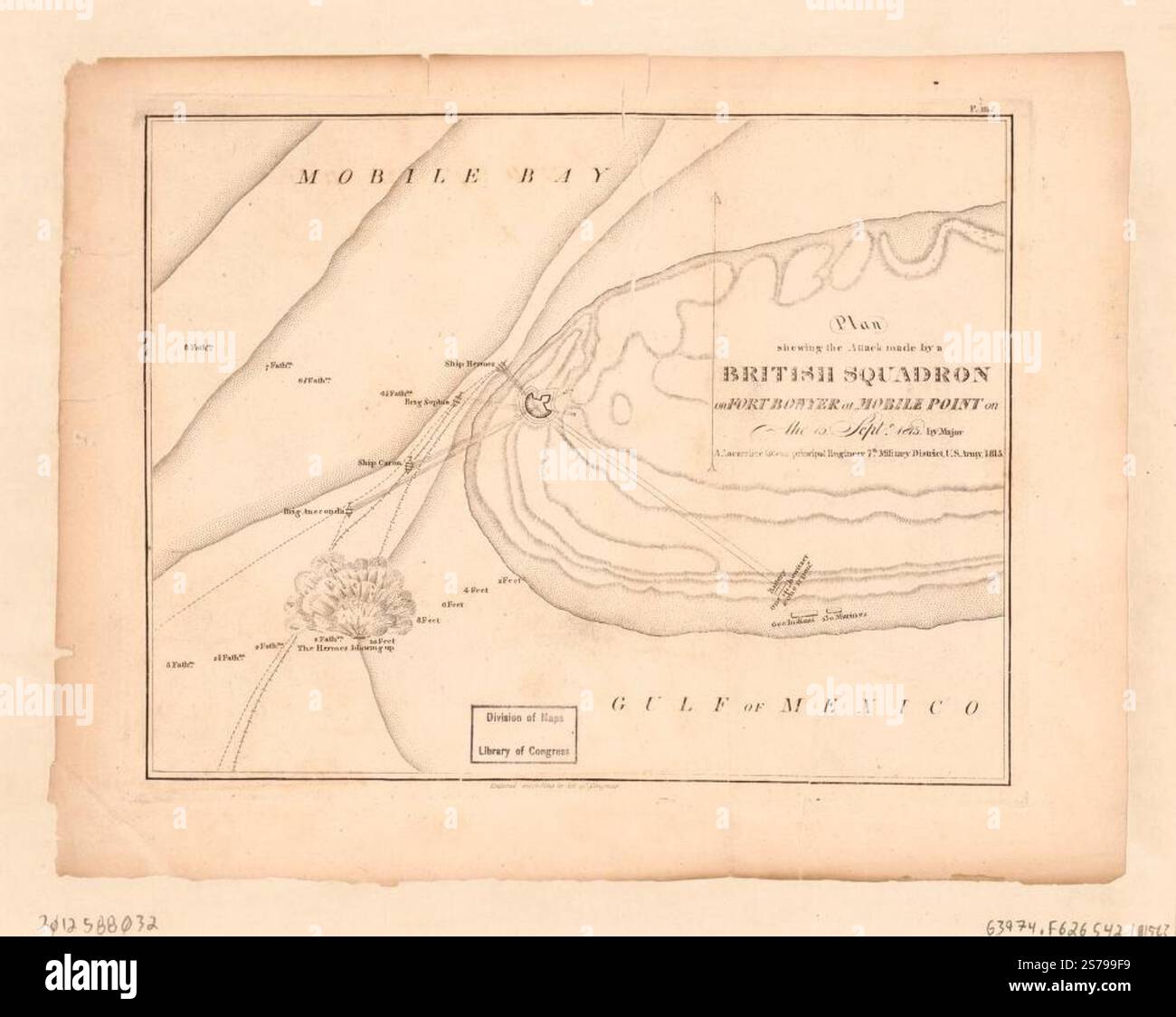 Plan shewing the attack made by a British squadron on Fort Bowyer at ...
