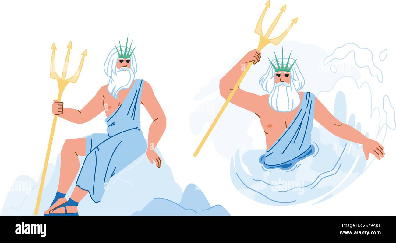 Neptune And Poseidon Cartoon Neptune Holds Trident And Gold Shell,