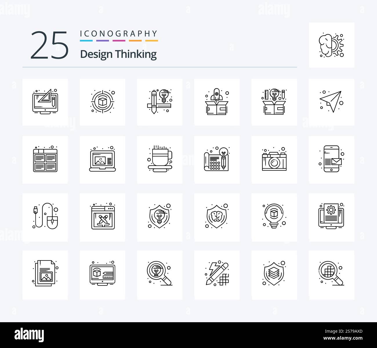 Design Thinking 25 Line icon pack including design. computer. thinking. up. rocket Stock Vector ...