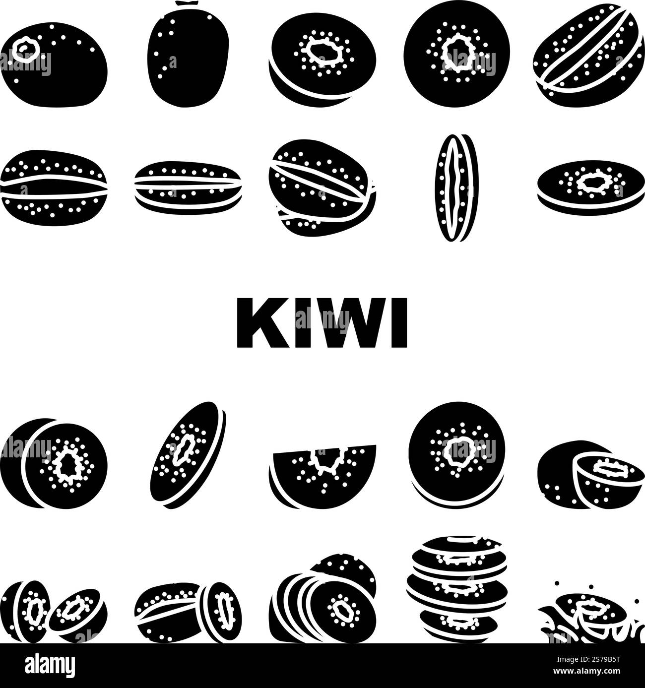kiwi food green fresh icons set vector. half healthy, ripe sweet, cut ...