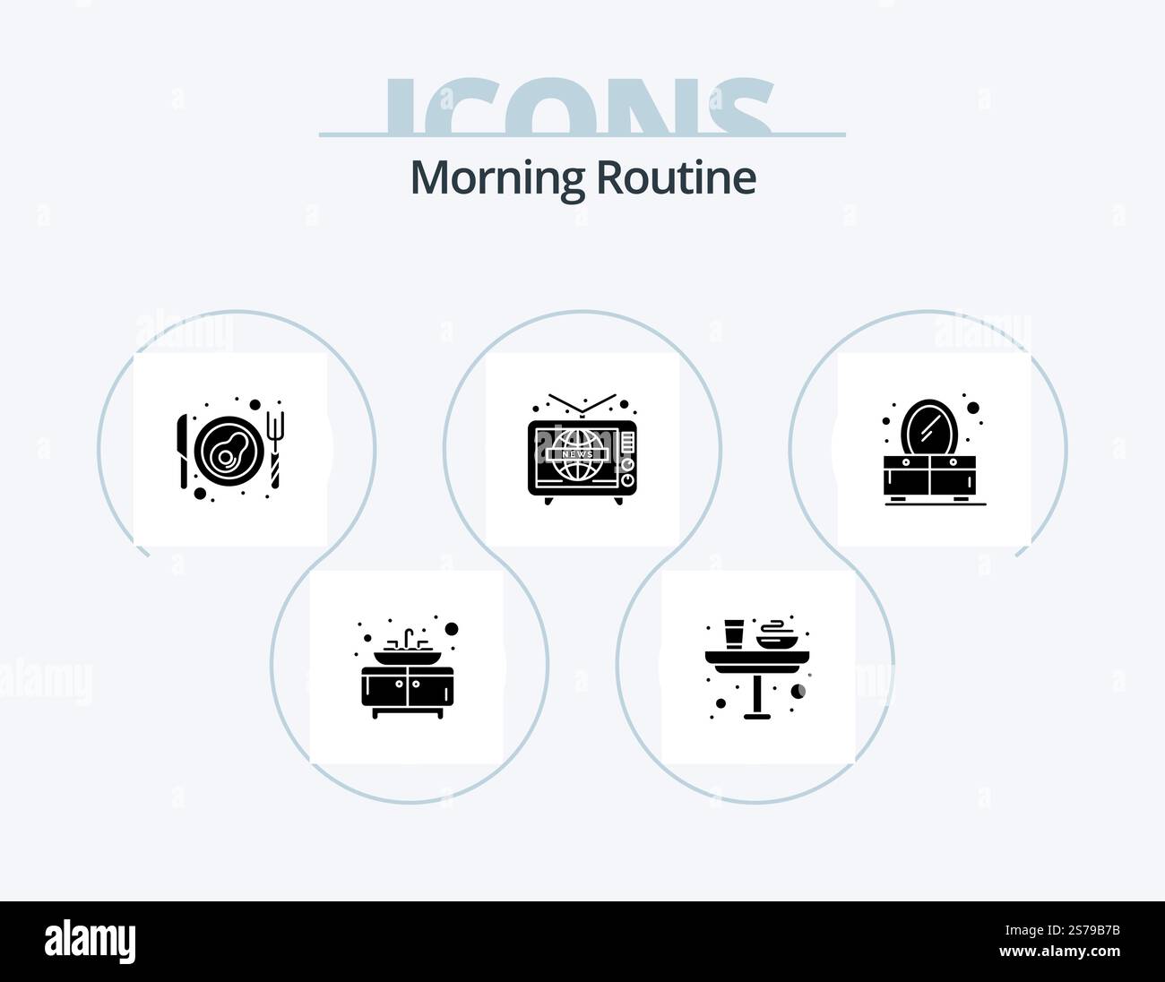 Morning Routine Glyph Icon Pack 5 Icon Design. mirror. bedroom. bacon ...