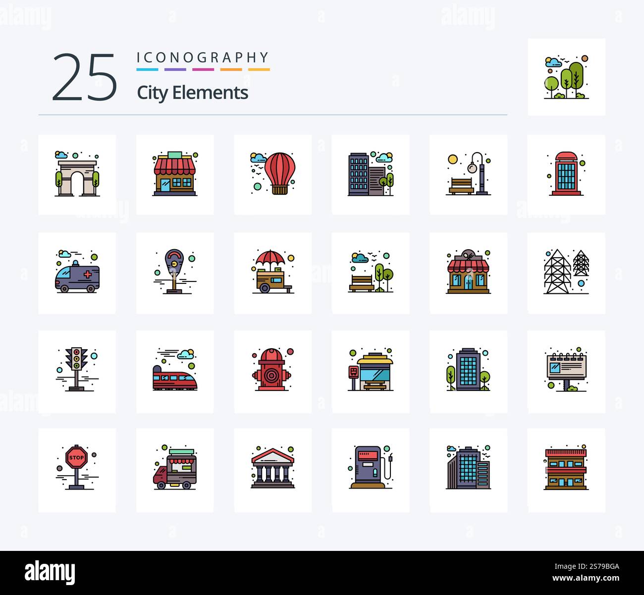 City Elements 25 Line Filled icon pack including park. bench. air. office. city Stock Vector ...