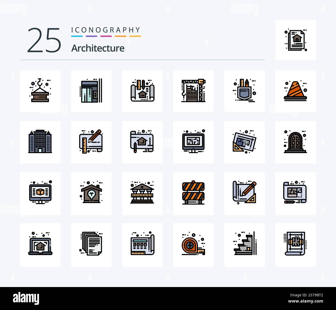 Architecture 25 Line Filled icon pack including interior. crane. up. building. plan Stock Vector ...