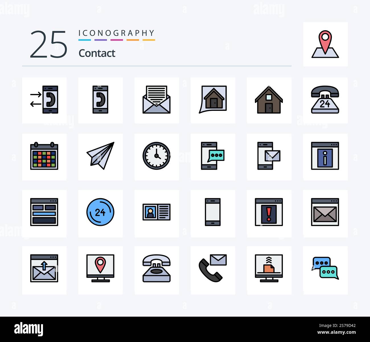 Contact 25 Line Filled icon pack including communication. anytime ...
