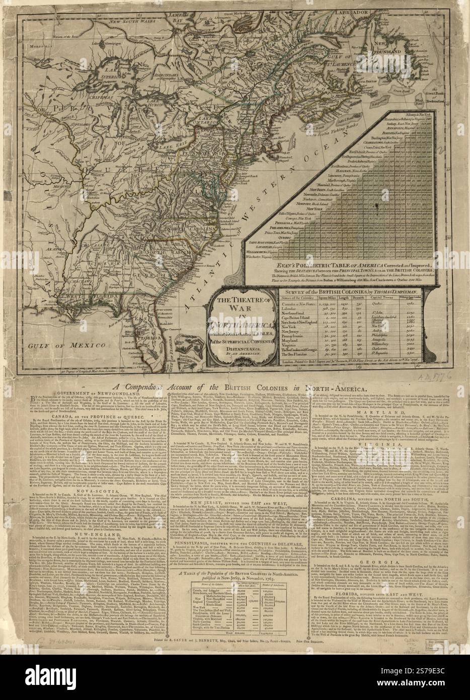 The Theatre of war in North America, with the roads, and tables, of the ...