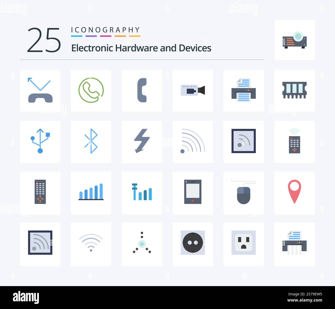 Devices 25 Flat Color icon pack including bluetooth. connection. record. ram. hardware Stock ...