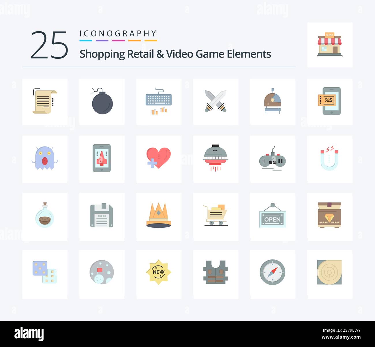 Shoping Retail And Video Game Elements 25 Flat Color icon pack ...