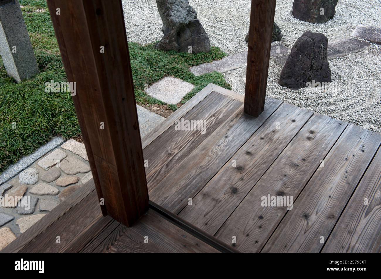 View from veranda of Zen "karesansui" raked gravel dry landscape garden ...