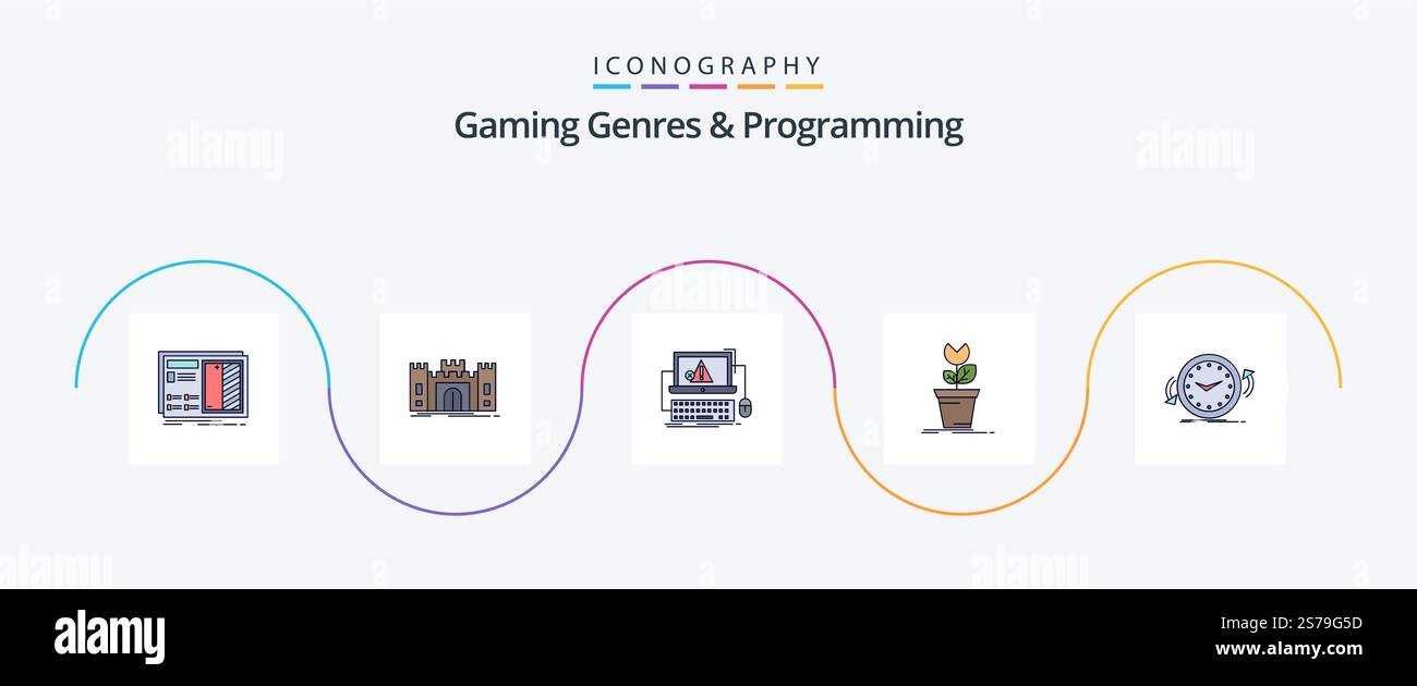 Gaming Genres And Programming Line Filled Flat 5 Icon Pack Including mario. adventure. fortress ...