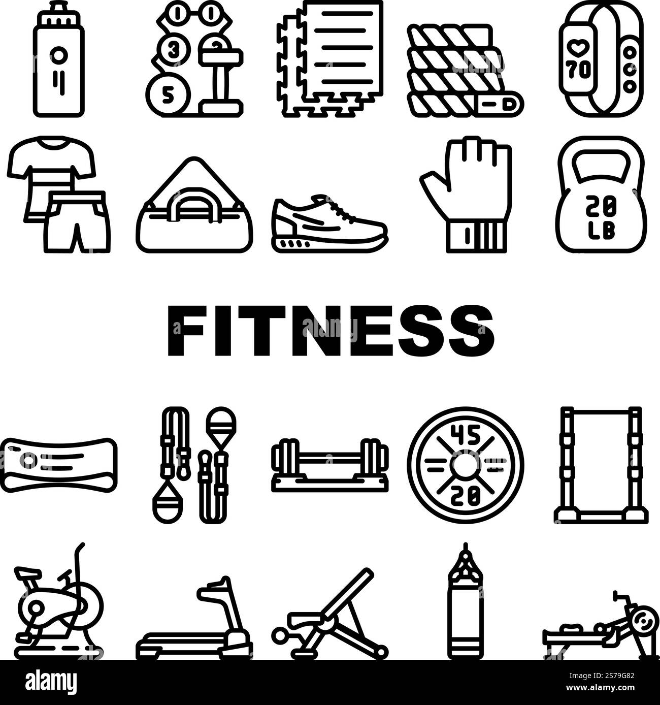 fitness gym exercise icons set vector. diet sport, weight health ...