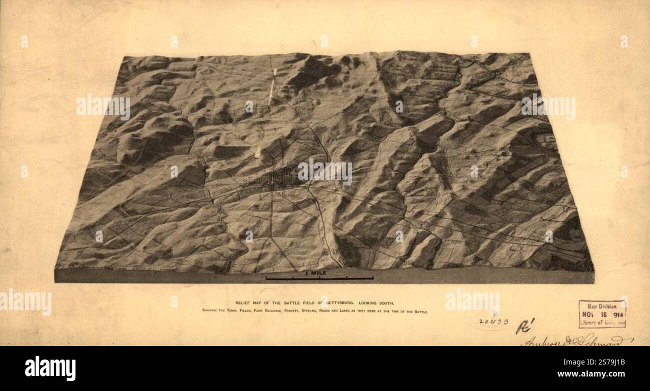 Relief map of the battle field of Gettysburg. Looking south. Showing ...