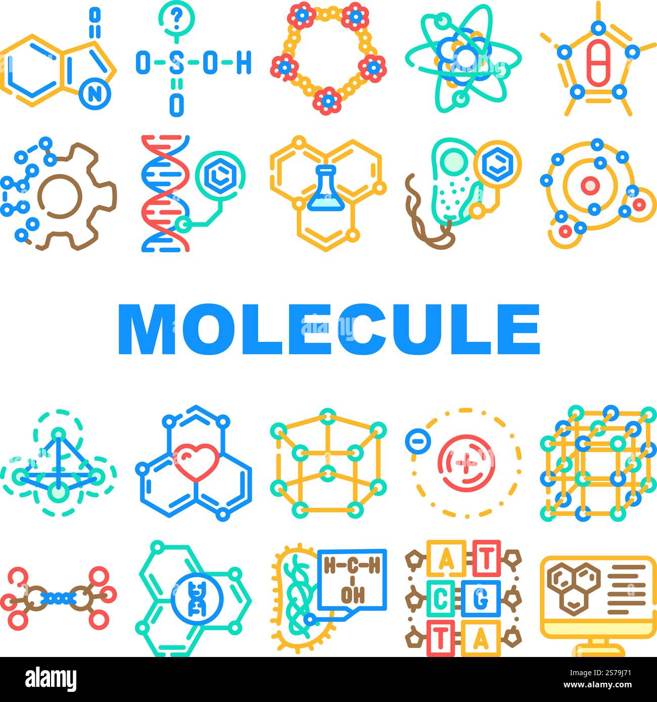 molecule chemistry science icons set vector. medical research, atom ...