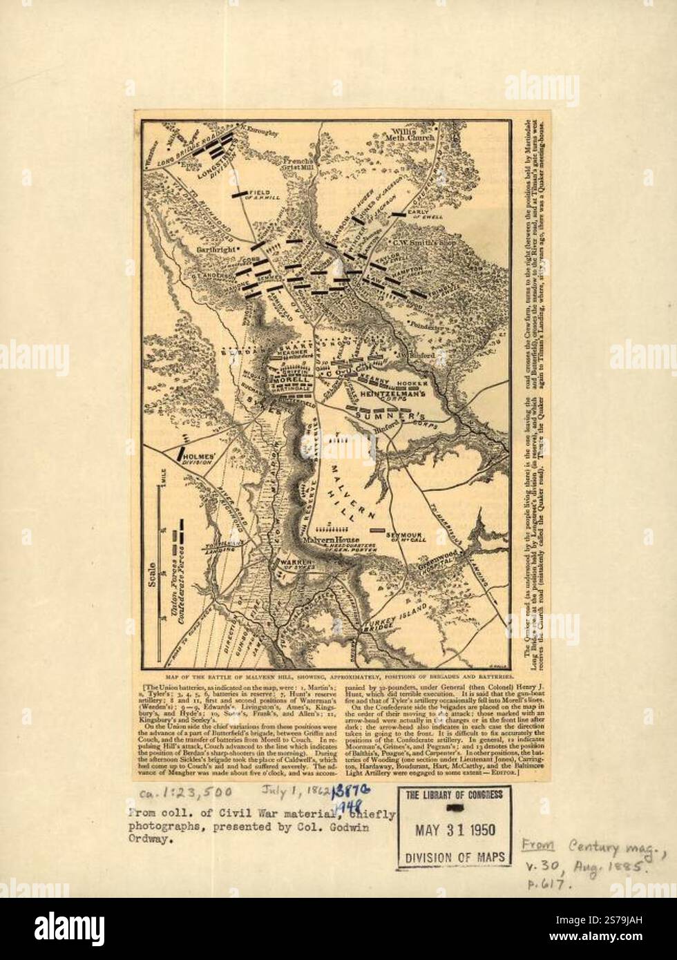 Map of the battle of Malvern Hill, showing, approximately, positions of ...