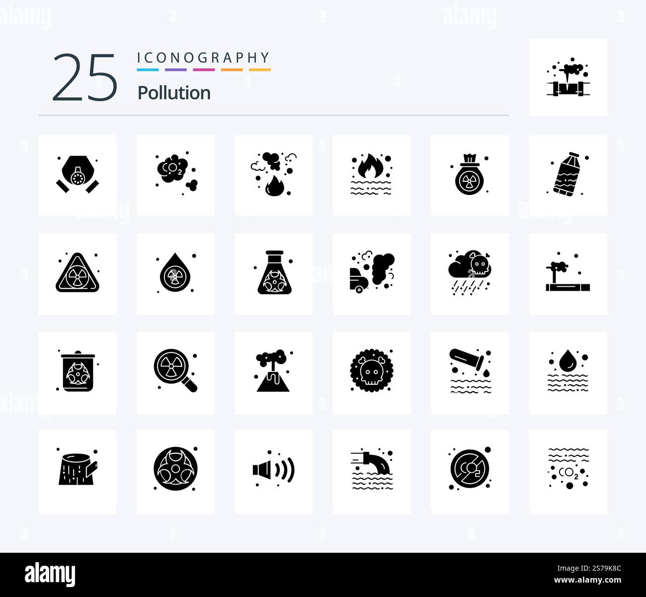Pollution 25 Solid Glyph icon pack including waste. waste. fire. trash ...
