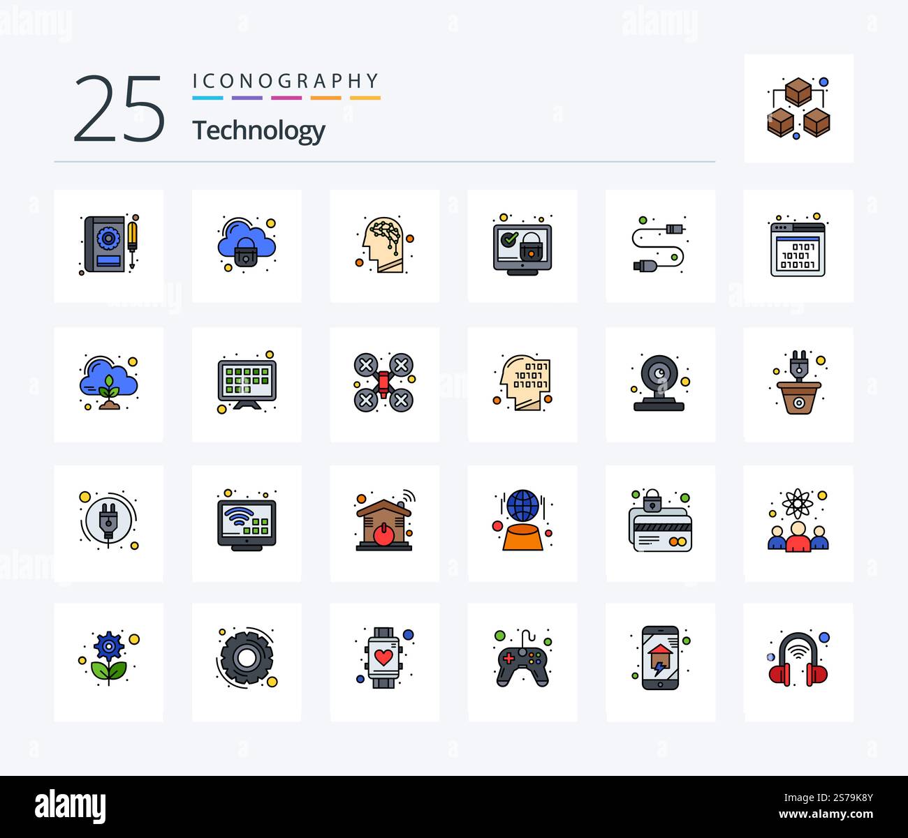 Technology 25 Line Filled icon pack including cable. check. secure ...