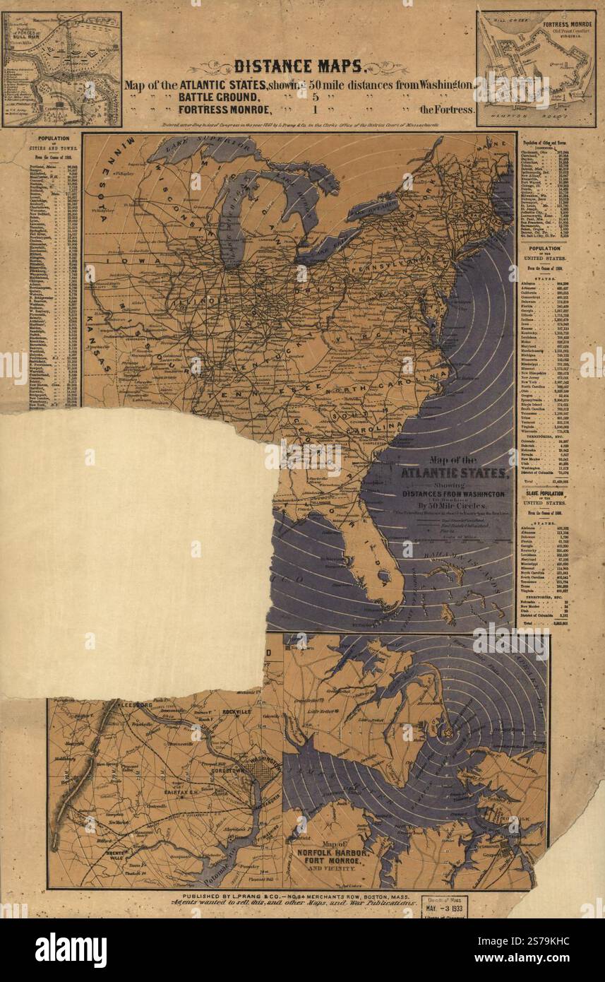 Distance maps. Map of the Atlantic states, showing 50 mile distances ...